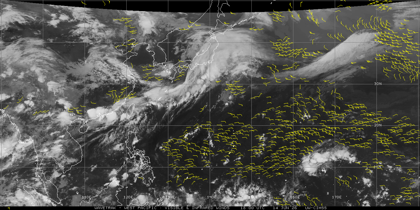 WAVETRAK - North West Pacific - IR w/ Low Level Winds - 6 Hours Previous